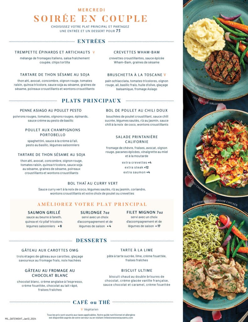 Milestones Menu à Laval | Milestones Grill & Bar