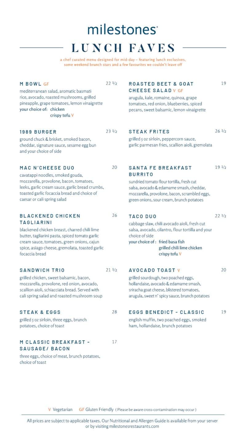 Milestones Menu in Moncton | Milestones Grill & Bar