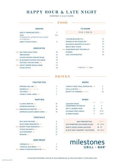 Milestones Menu in Surrey - Guildford Town Ctr | Milestones Grill & Bar