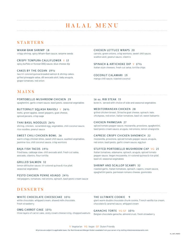 Milestones Menu in Scarborough - Town Centre | Milestones Grill & Bar