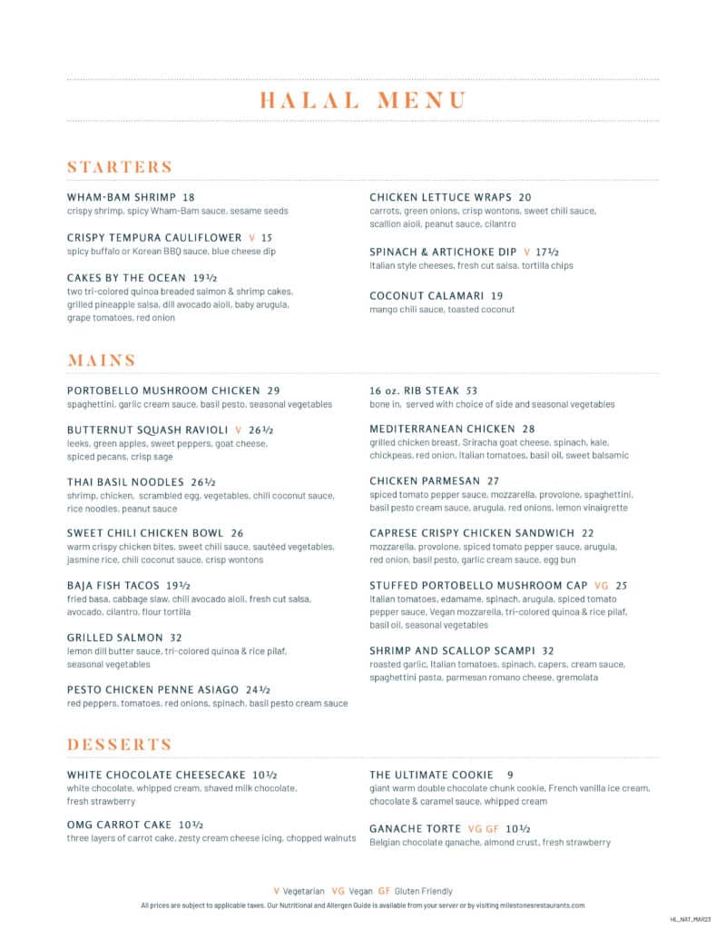 Milestones Menu in Scarborough - Town Centre | Milestones Grill & Bar