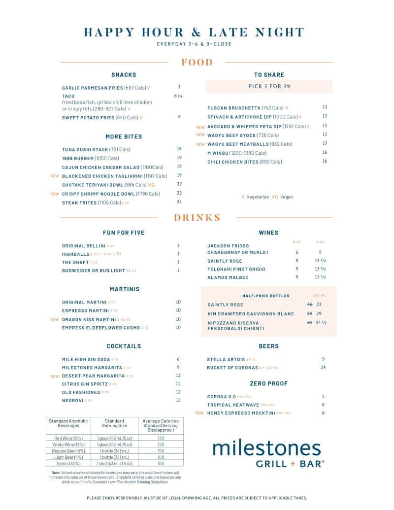 Milestones Menu in Ancaster - Hamilton | Milestones Grill & Bar