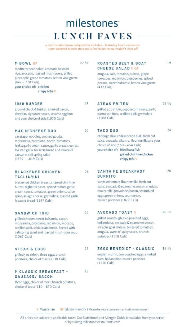 Milestones Menu in Ottawa - Sussex | Milestones Grill & Bar