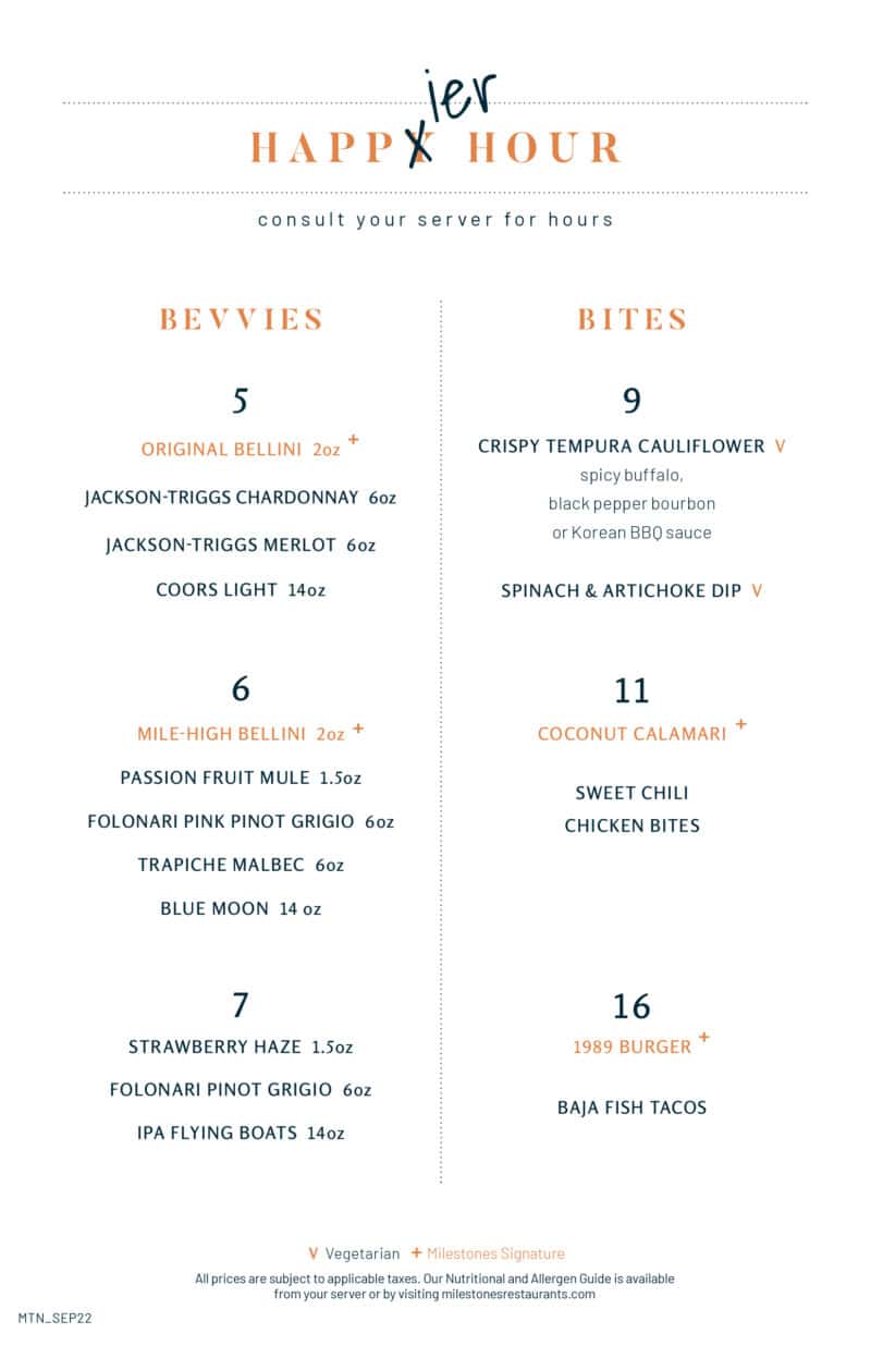 Milestones Menu in Moncton - Moncton | Grill & Bar