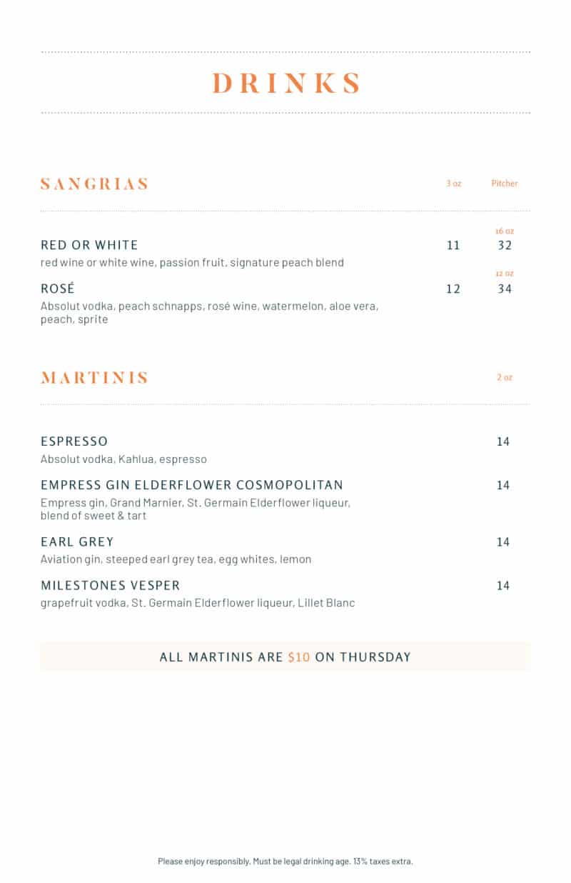 Milestones Menu in Whitby - Whitby | Milestones Grill & Bar