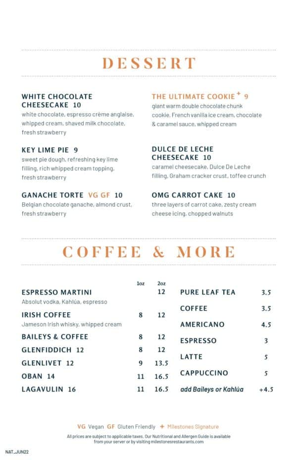 Milestones Menu in Langford - Millstream | Grill & Bar