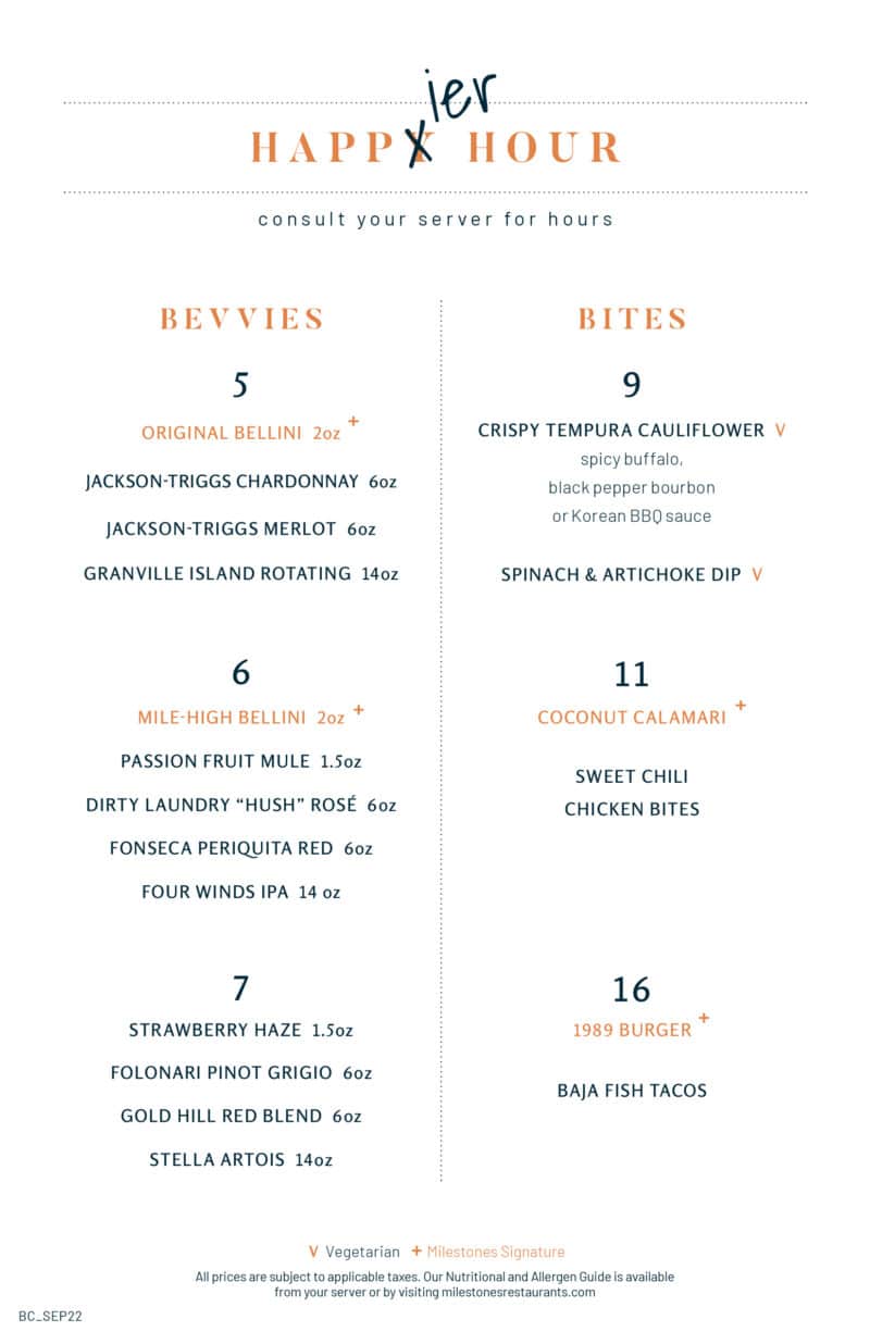 Milestones Menu in Langford - Millstream | Grill & Bar