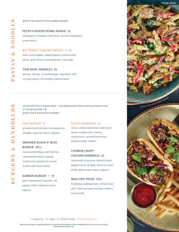 Milestones Menu in Langford - Millstream | Grill & Bar