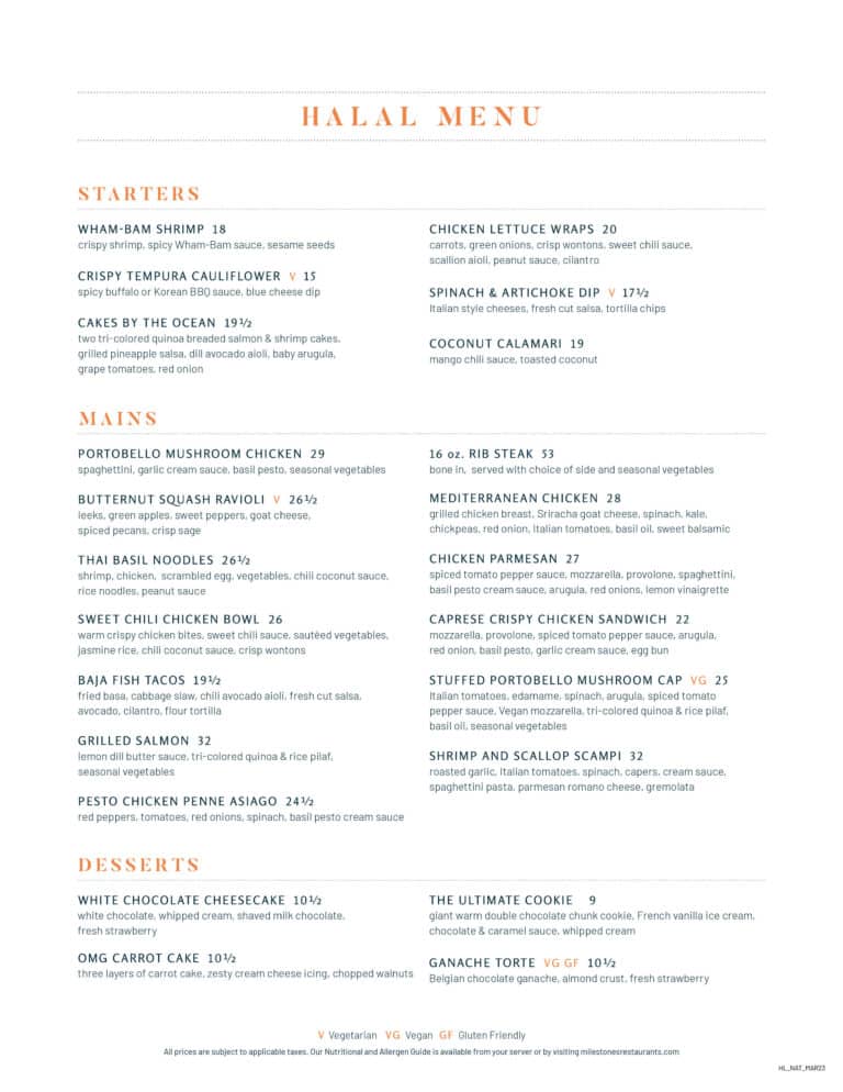 Milestones Menu in London - Masonville Place | Milestones Grill & Bar