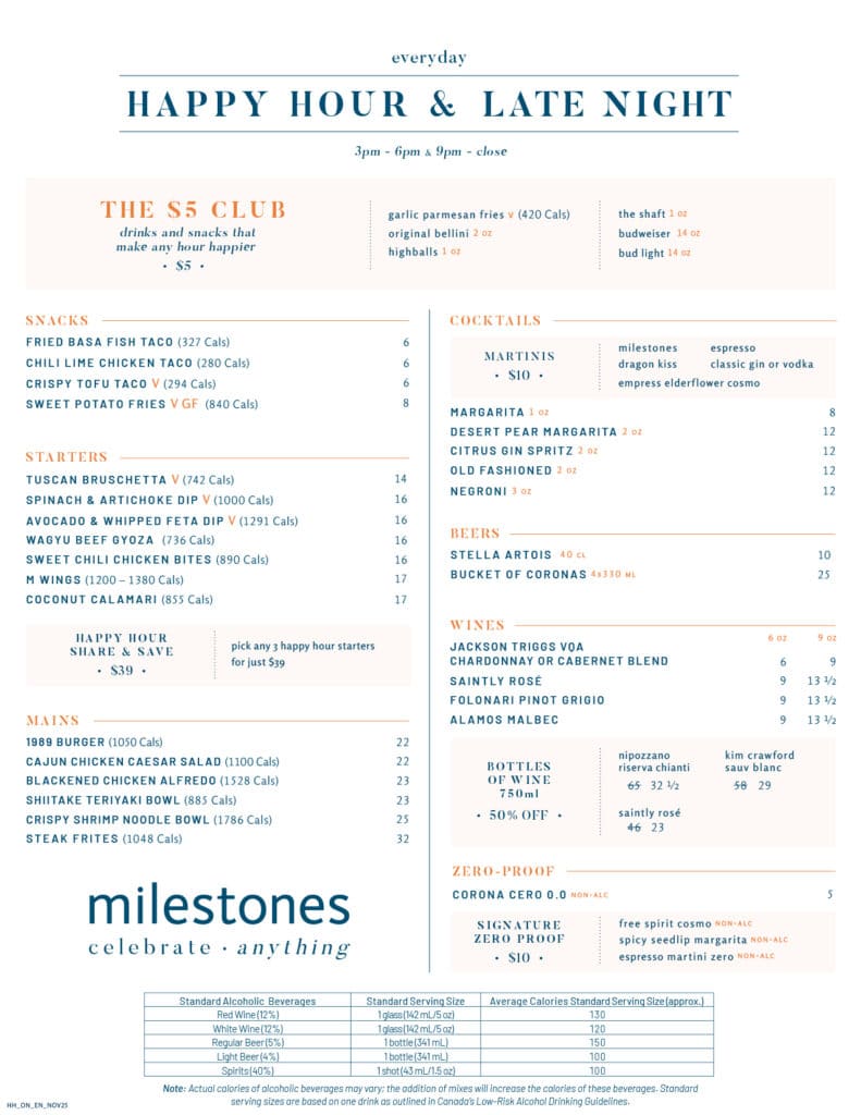 Milestones Menu in Whitby - Whitby | Milestones Grill & Bar