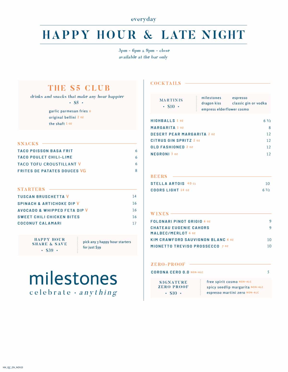 Milestones Menu in Royalmount | Milestones Grill & Bar
